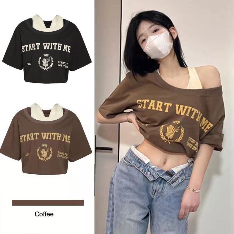 Korean Style Retro Sexy Crop Tops Printing Splicing Fashion Short ...