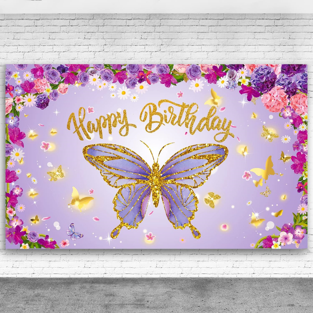 7x5ft Happy Birthday Purple Butterfly Photography Backdrop Butterfly ...