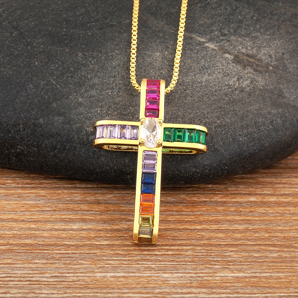 Fashion Cross Shape Pendant Colorful Rhinestone Women Necklace Copper ...