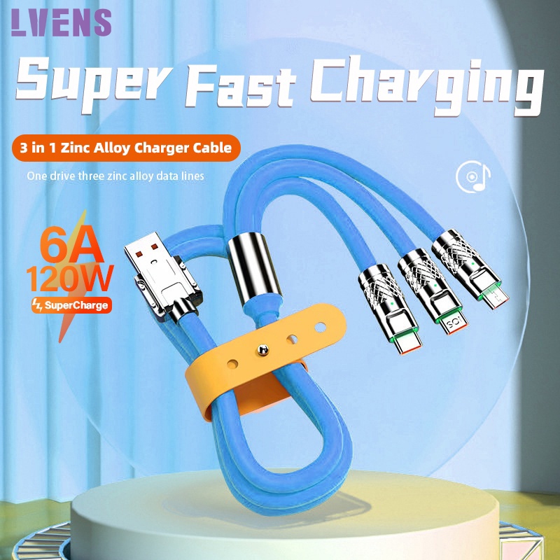 120W 6A Super Fast Charger 3 In 1 Zinc Alloy Charging Cable Cord Type C ...