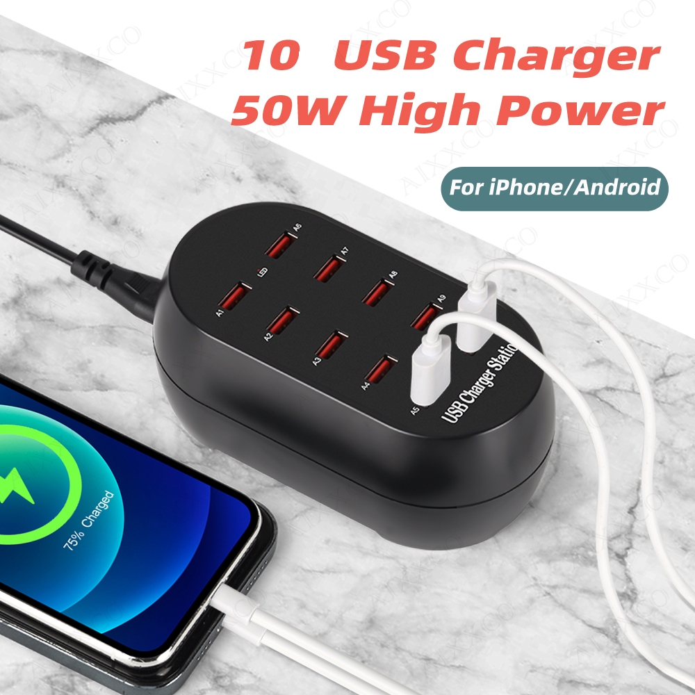 10 Port USB Charger Station 50W/10A Multi Port USB Hub Charger with for ...