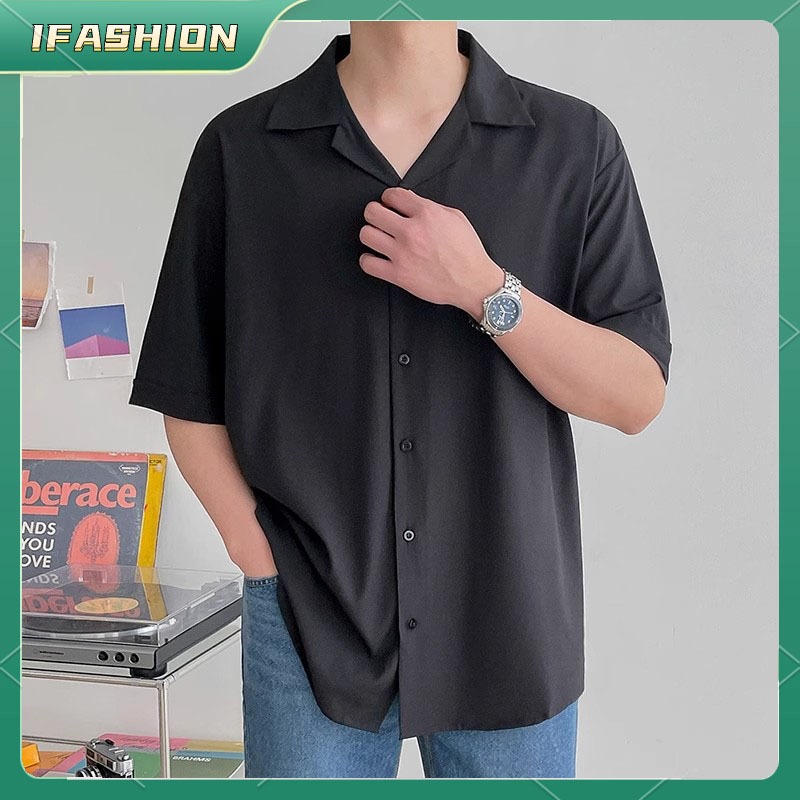 （PH stock）Polo Shirt for Men Black Polo Turn Button Collar Plain Short ...