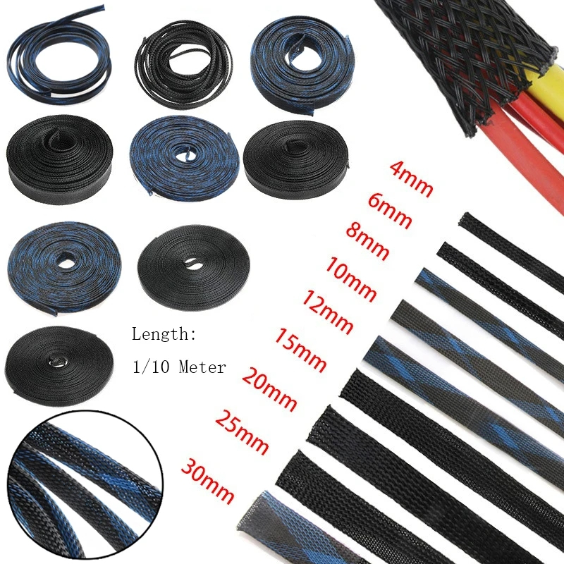 Black&Blue Expandable Braided Cable Sleeving Auto Harness Wire 3mm-30mm ...
