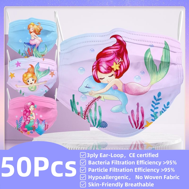 50pcs 3layers Boy Girl Mask Ariel the Mermaid Princess 3-13Years Kid ...