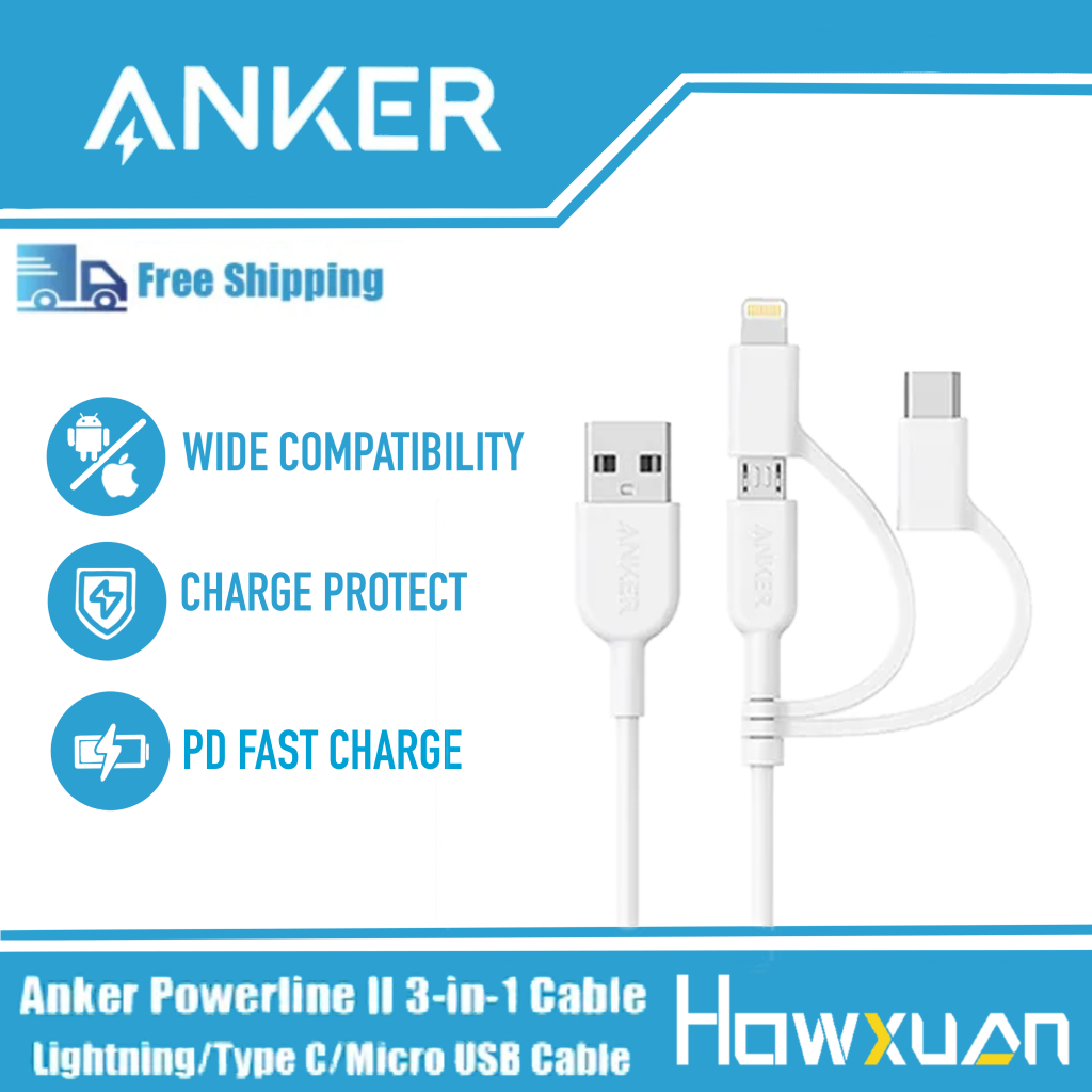 Anker Powerline II 3-in-1 Cable, Lightning/Type C/Micro USB Cable ...