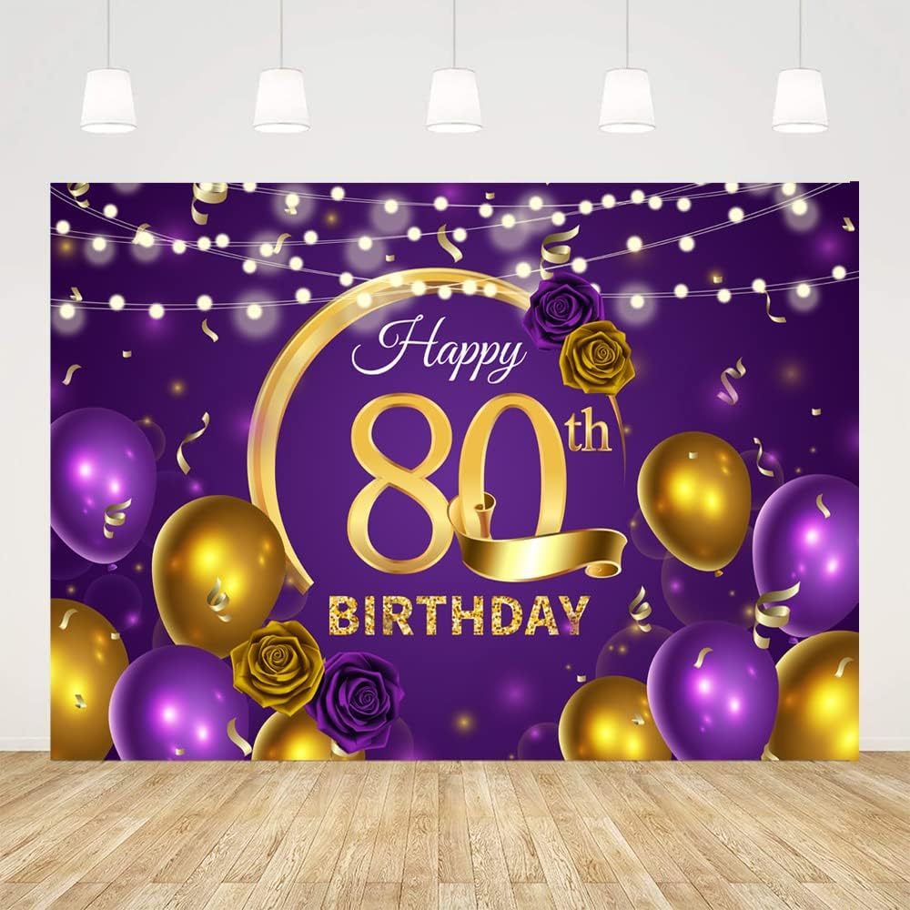 Happy 80th Birthday Photography Backdrop Gold 80 Birthday Purple Background 7x5ft Glitter 80th ...