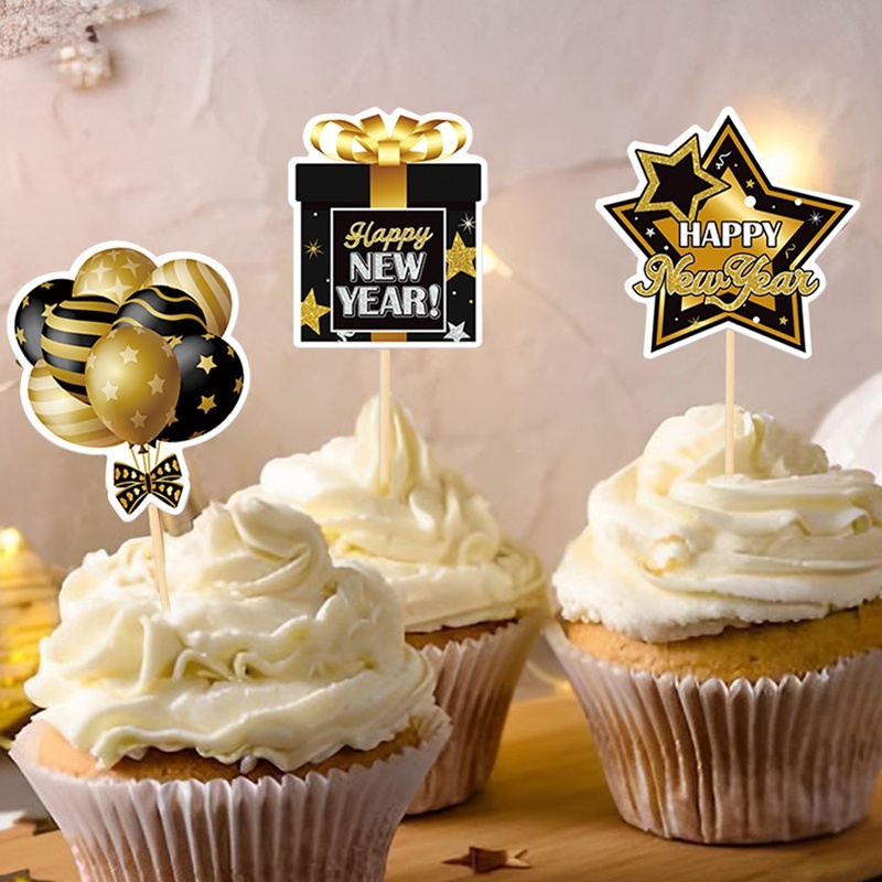 8pcs Happy New Year 2024 Cake Topper Black Gold Gilitter Printed Cake ...