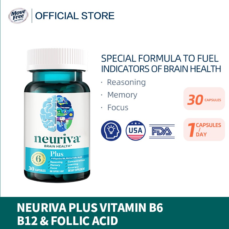 Schiff Neuriva Brain Health Plus Vitamin B6 B12 & Follic Acid, 30 ...