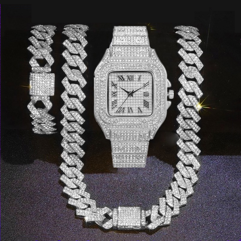 New Men's Watch Ice Chain Hip Hop Diamond Ice Set Men's Watch Necklace ...