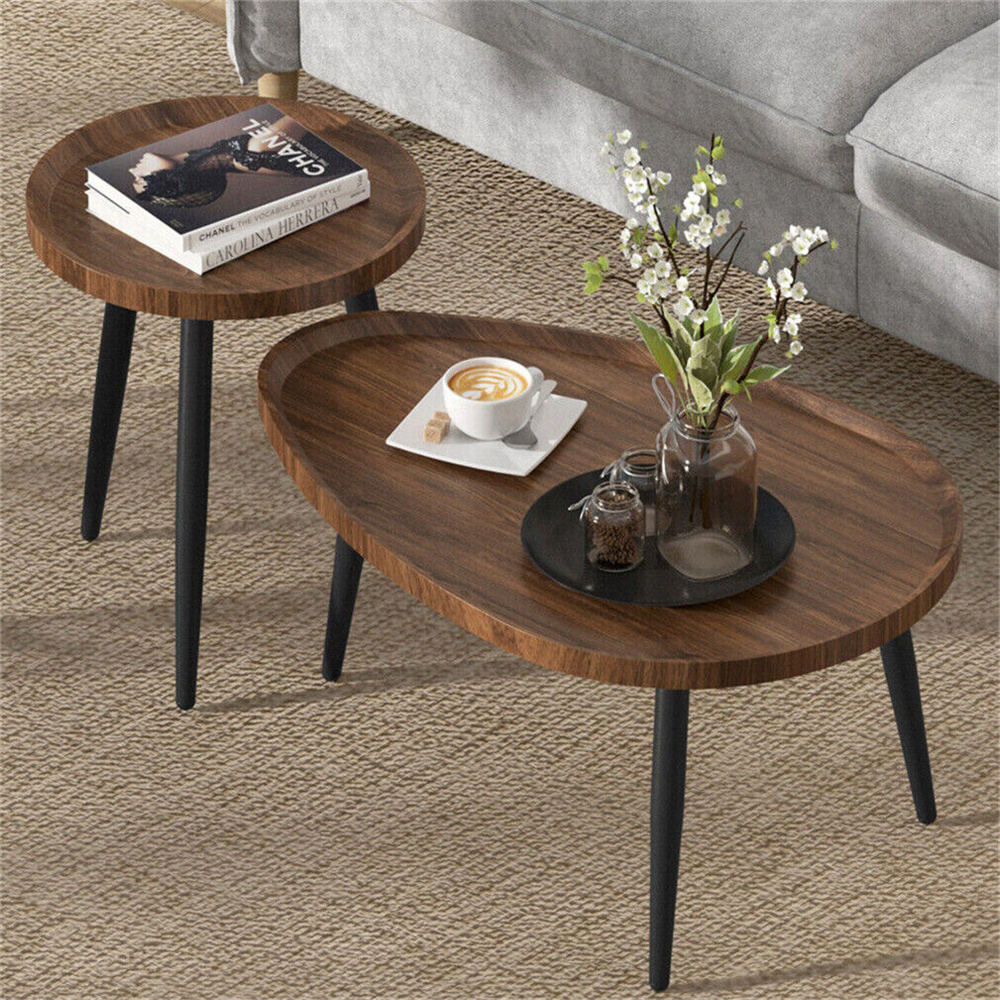 2PCS Mid-Century Coffee Table Set Solid Wood Nesting Tables Accent End ...