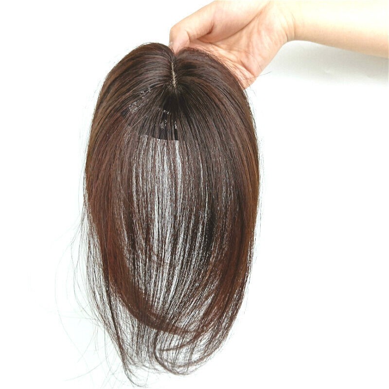 100% Human Hair Topper Toupee French Middle Part Lace Bangs Clip Bob ...
