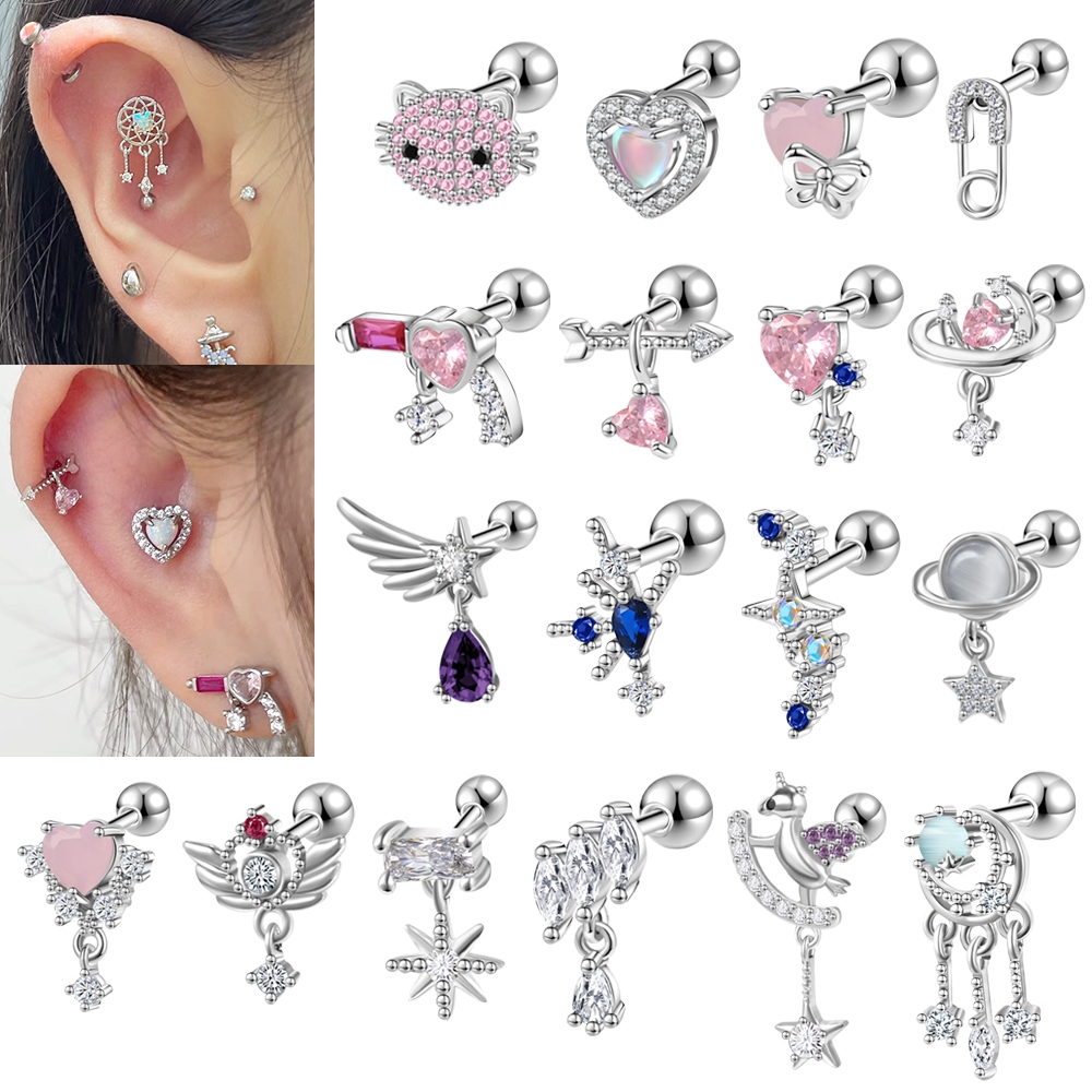 1 PC 20G Pink Crystal Stainless Steel Cartilage Earrings Wing Heart ...