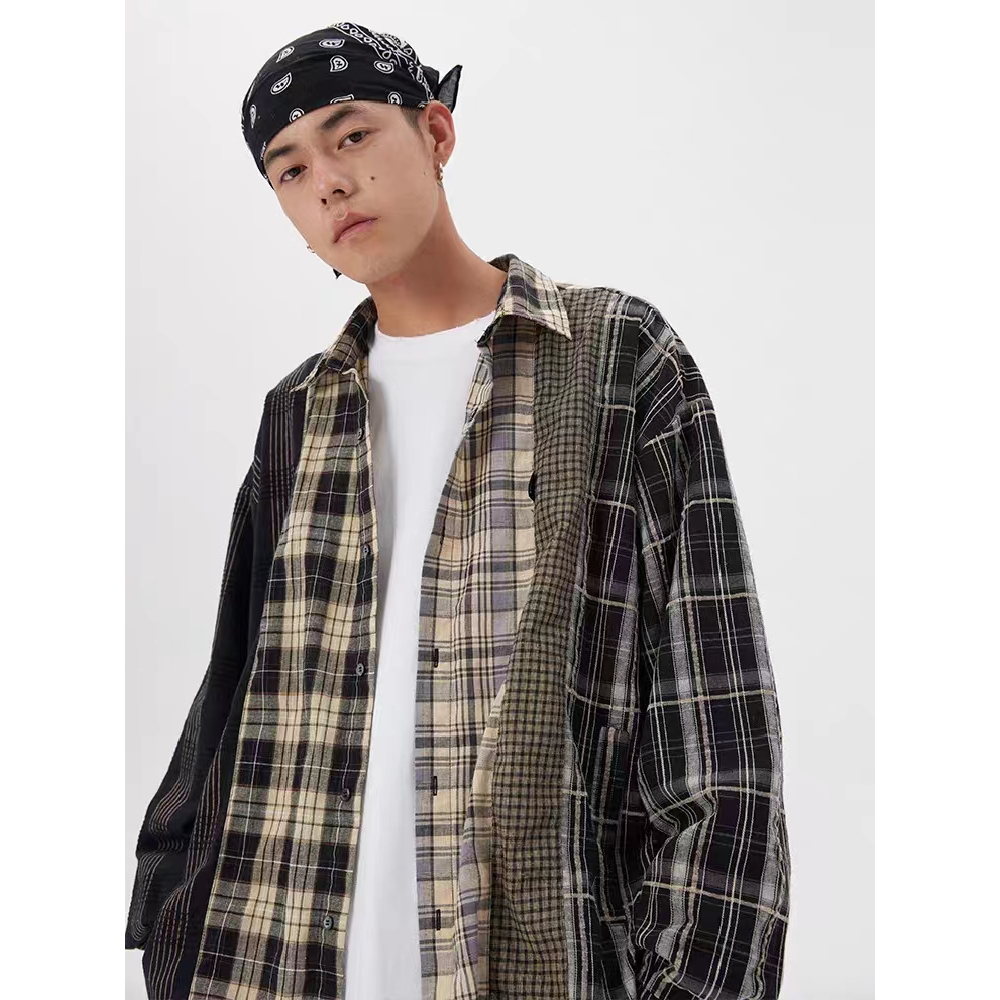 Dark Icon Irregular Hemline Patchwork Plaid Men's Shirt Long Sleeve ...
