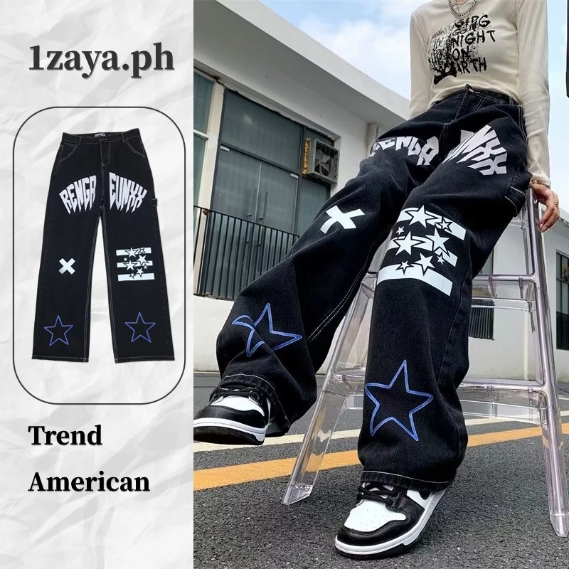 American Style Letter Printed Straight Leg Denim Pants For Men Fashion ...