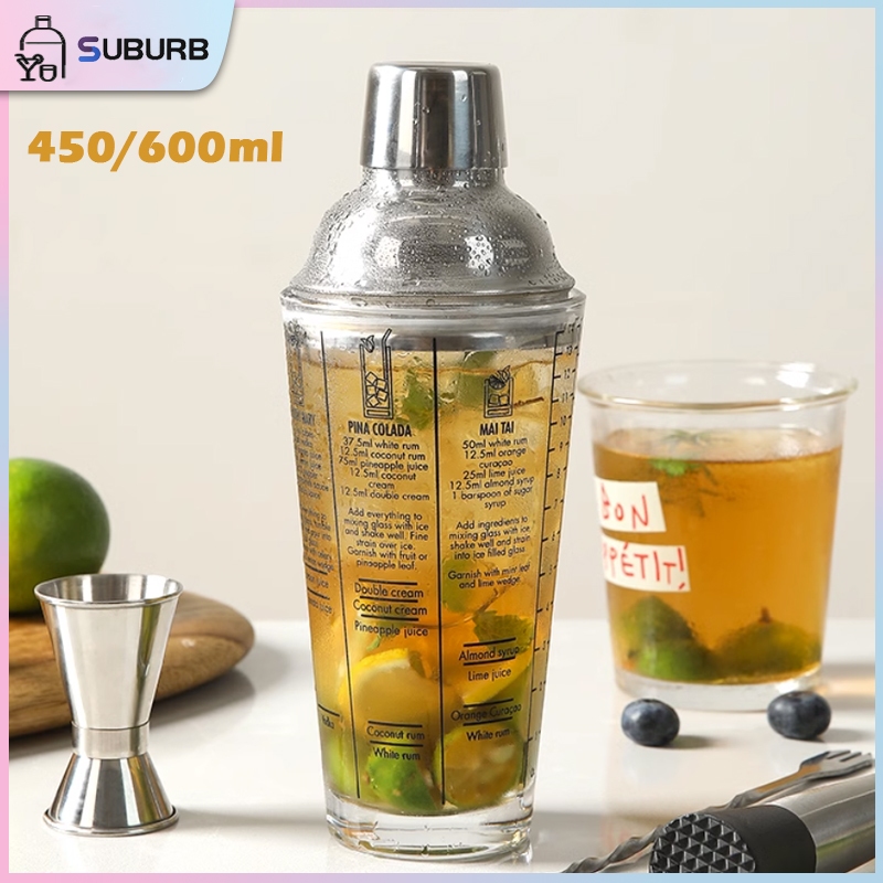 SUBURB 450/600ml 3 Section Glass Cocktail Shaker Mixer Set Stainless ...