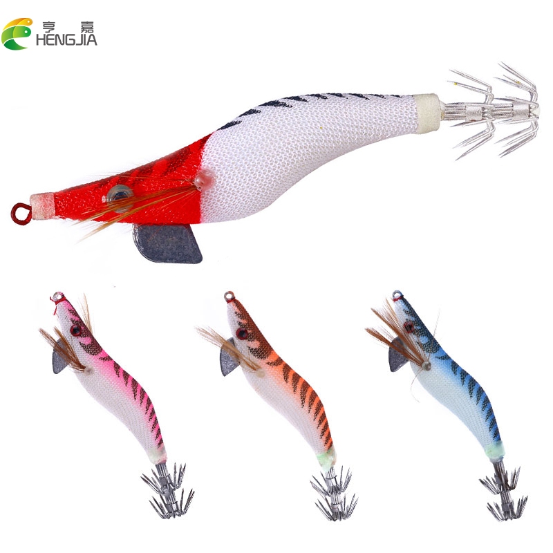 HENGJIA 1Pcs 2.0# Squid shrimp Fishing Lure 82mm Wood Shrimp Bait with jig hook Fishing Octopus ...