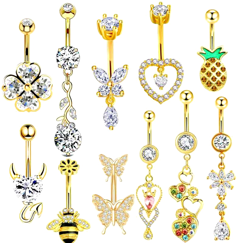 Gold Belly Button Ring with Diamonds and Zirconia Belly Button Clasp ...