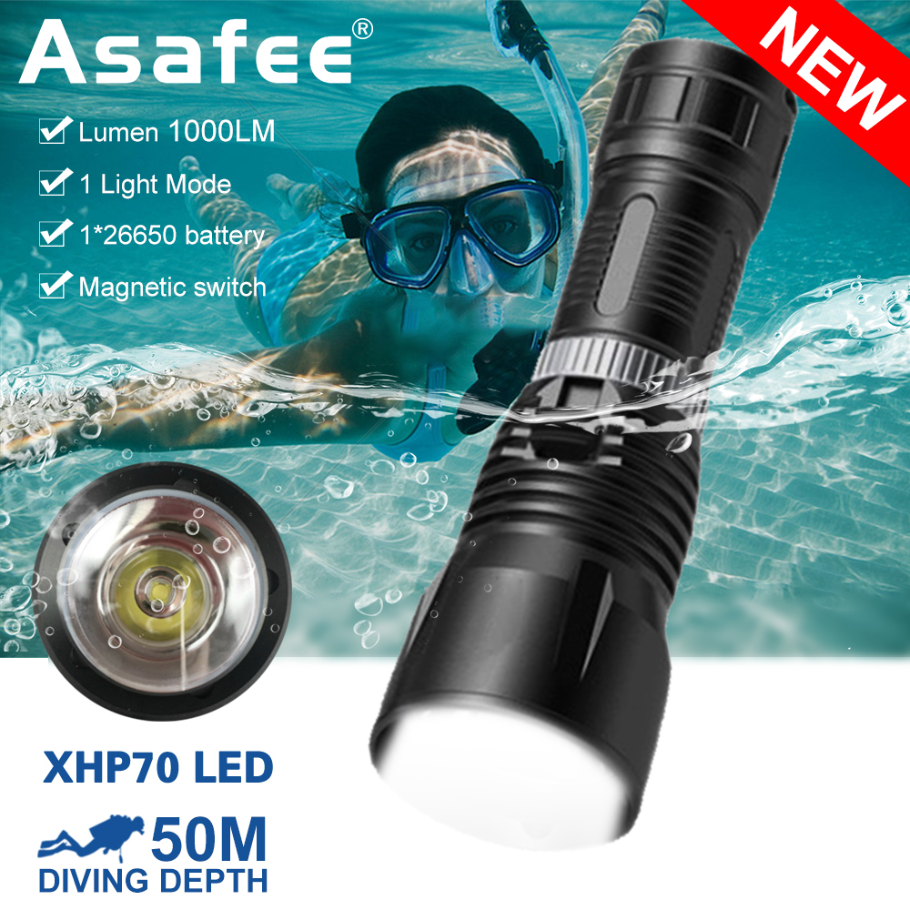 Diving flashlight P70 1000LM underwater 50 meter 26650 battery magnetic ...