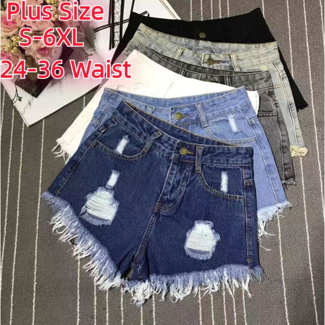 【Ready Stcok】S-6XL Plus Size 24-36 High Waist Denim Shorts Korean Women Fashion Frayed Denim ...