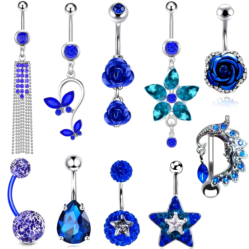 Blue Stainless Steel Belly Button Ring Flower Belly Button Spike Belly ...
