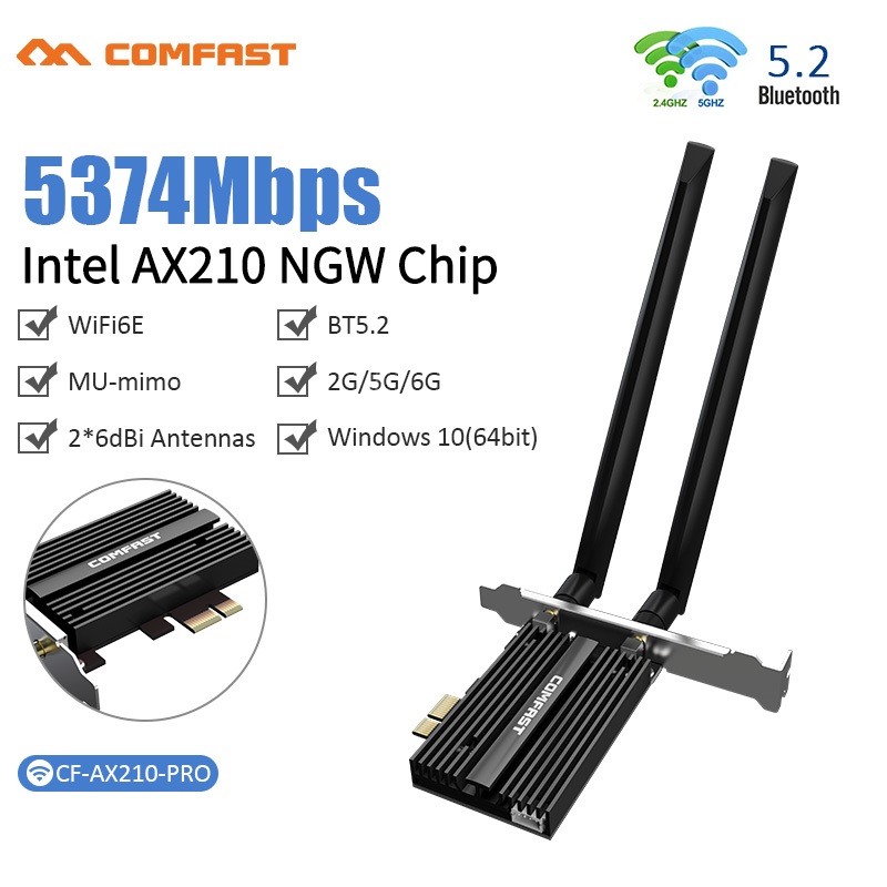 Comfast 5374Mbps WiFi 6E PCIE Wireless WiFi Adapter Bluetooth 5.2 Intel AX210 Tri Band PCI ...
