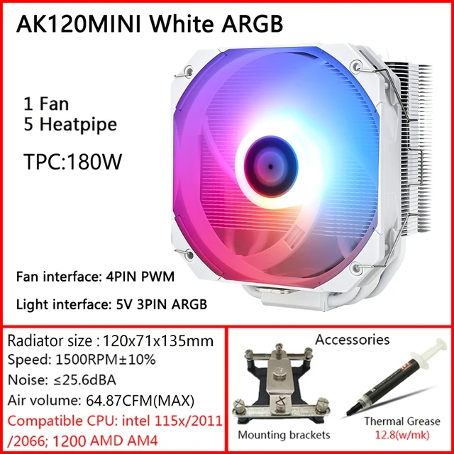 Thermalright AK120 MINI White ARGB CPU cooler 5 Heat pipe heat sink ...