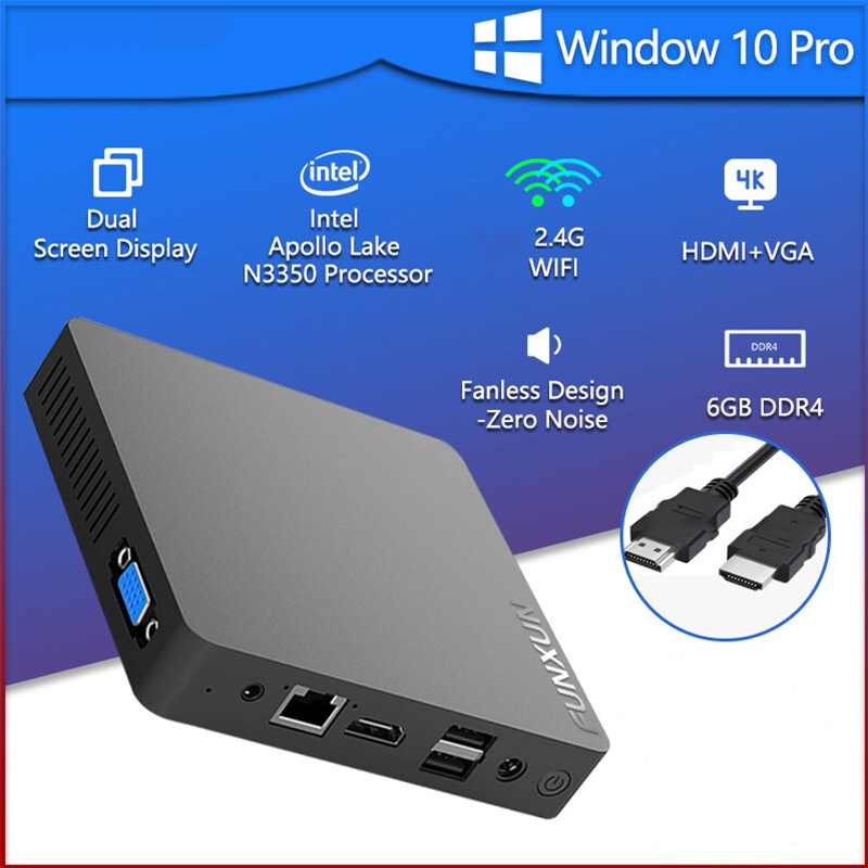 Fanless CPU Intel N3350 Windows 10 Pro MINI PC 6GB RAM 64GB ROM WiFi HD VGA Output Display USB 3 ...