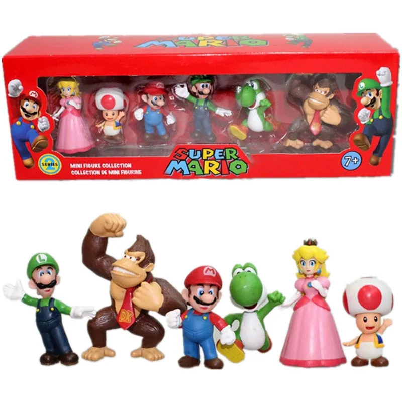 6Pcs/Set Super Mario Bros Anime Figure Luigi Yoshi Donkey Kong Mushroom ...