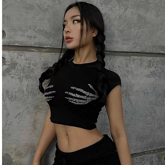 Spicy Girl Black Short Sleeve Round Neck Open Navel Top Versatile Fit ...