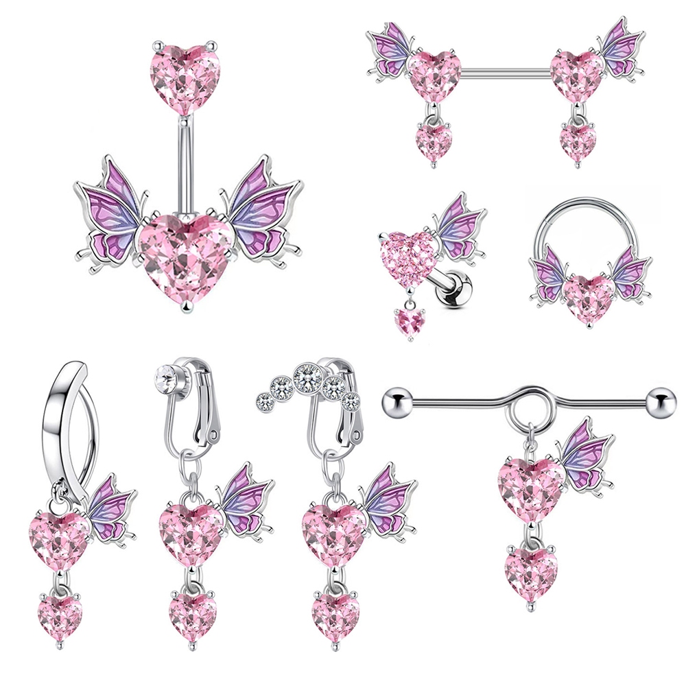 1 PC Pink Wings Stainless Steel Body Piercing Heart Shape Crystal Belly ...