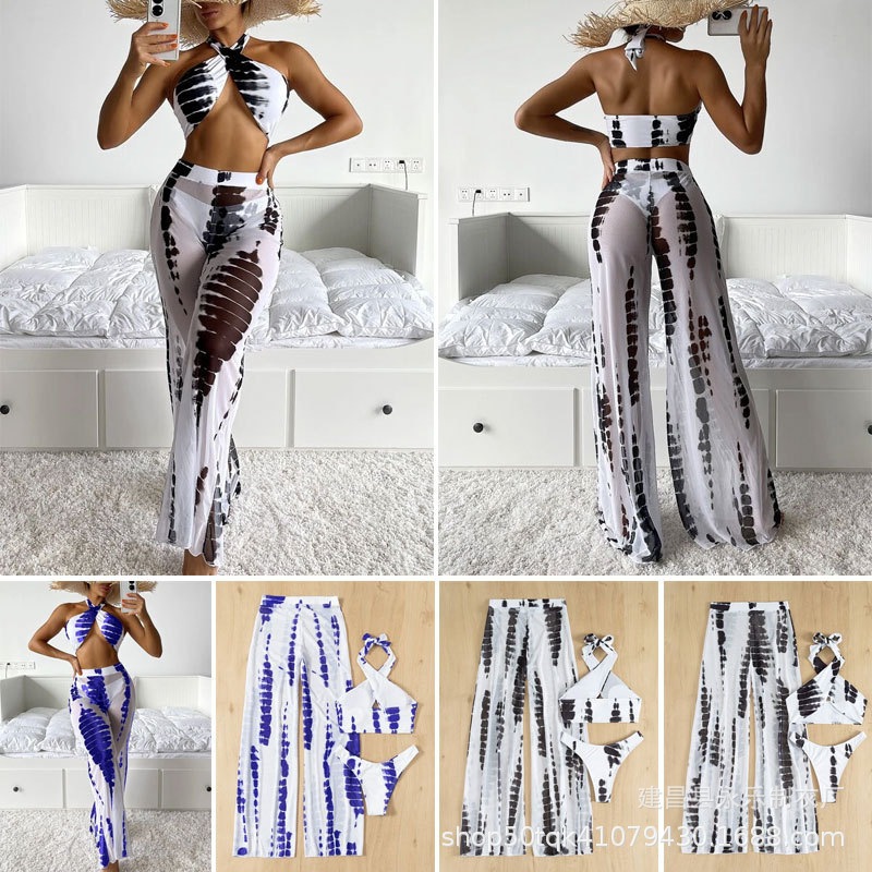 Sexy Printed Three-Piece Bikini Sets Swimsuit With Mesh Pants | Shopee ...