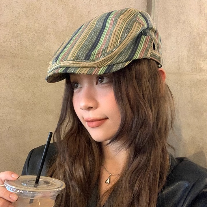 Dopamine Girl Hat Japanese Retro Striped Thin Style Forward Hat Big ...