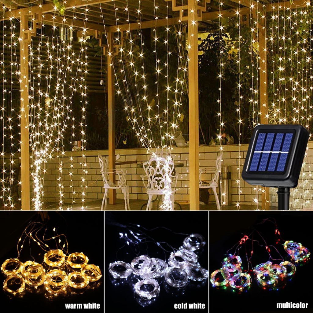 Solar Lights LED Fairy curtain Lights Waterproof 8 Lighting Modes ...
