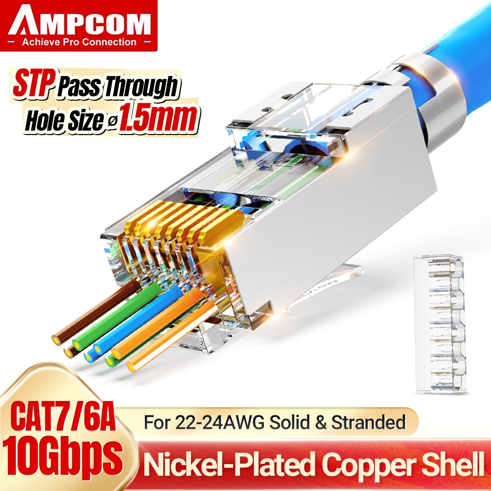 AMPCOM Pass Through CAT7 RJ45 Connector, CAT6A/7 50U Gold-plated Pass ...
