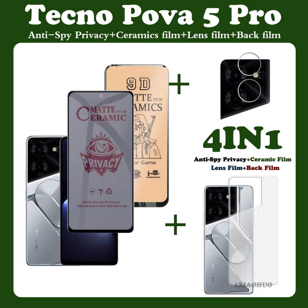 4in1 Tecno Pova 5 Pro Anti-Spy Privacy Tempered Glass Tecno Pova 5 Ceramic film and Back film ...