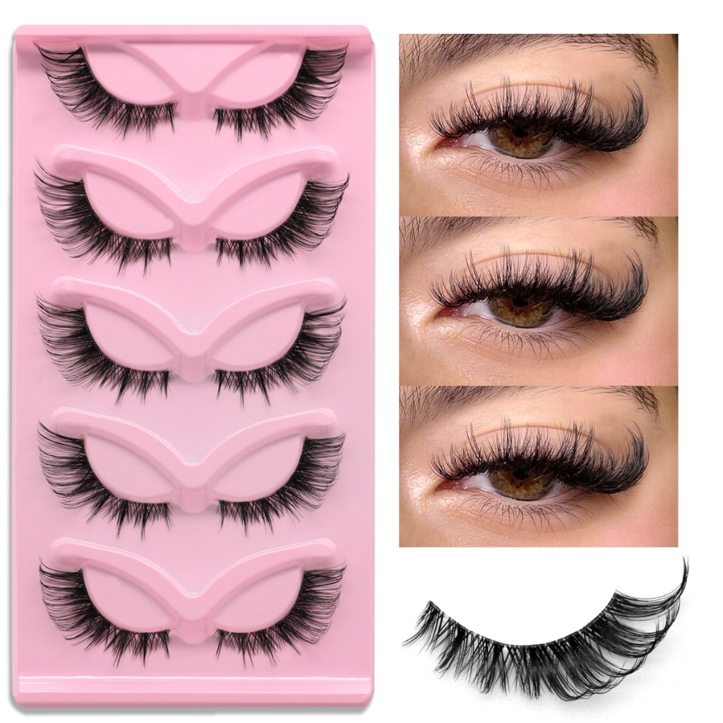 GROINNEYA 5 pairs Cat Eye Lashes Faux Mink Eyelashes Clear Band Lashes ...