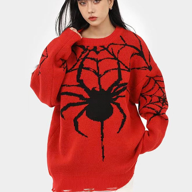 Round Neck Spider Man Printed Wash Sweater Women Fashion Trend Loose ...
