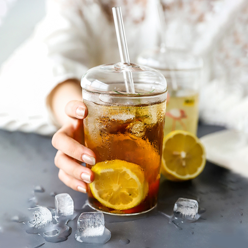 【Straws Cup】400ml Glass Cups with Lids and Straws Iced Coffee Cups ...