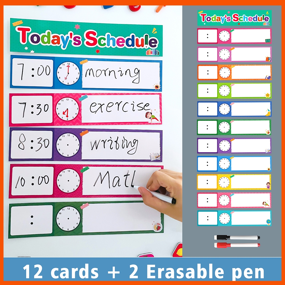 12PCS Reusable Daily Schedule Pocket Chart Flash Cards Erase Cards with ...