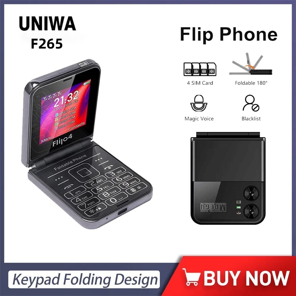 UNIWA F265 2G Mini Phone 2.55" Dual Screen 4 SIM Cards Keypad Folding Feature Phone Big Push ...