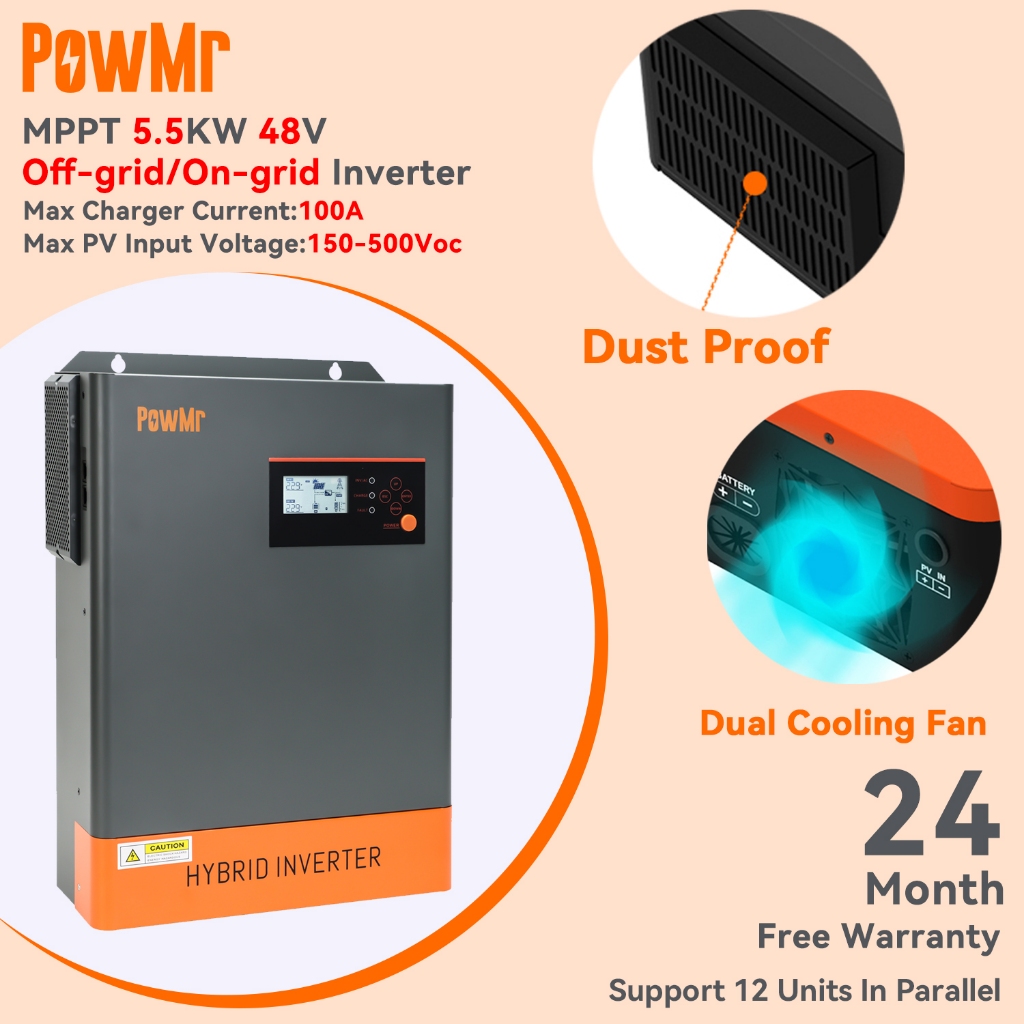 PowMr MPPT 5.5KW Off-grid/On-grid Pure Sine Wave Solar Hybrid Inverter ...