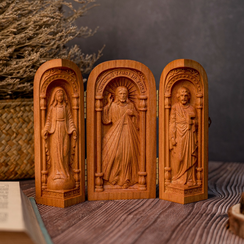 Box Boxwood Portable Three-Open Box Holy Home Wood Carving Catholic ...