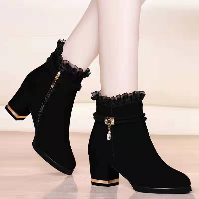 Korean Fashion Suede Ankle Lace Zipper Short Boots with Heels 2 inches ...