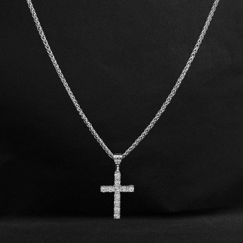 Stainless steel diamond studded cross pendant necklace for men's hip ...