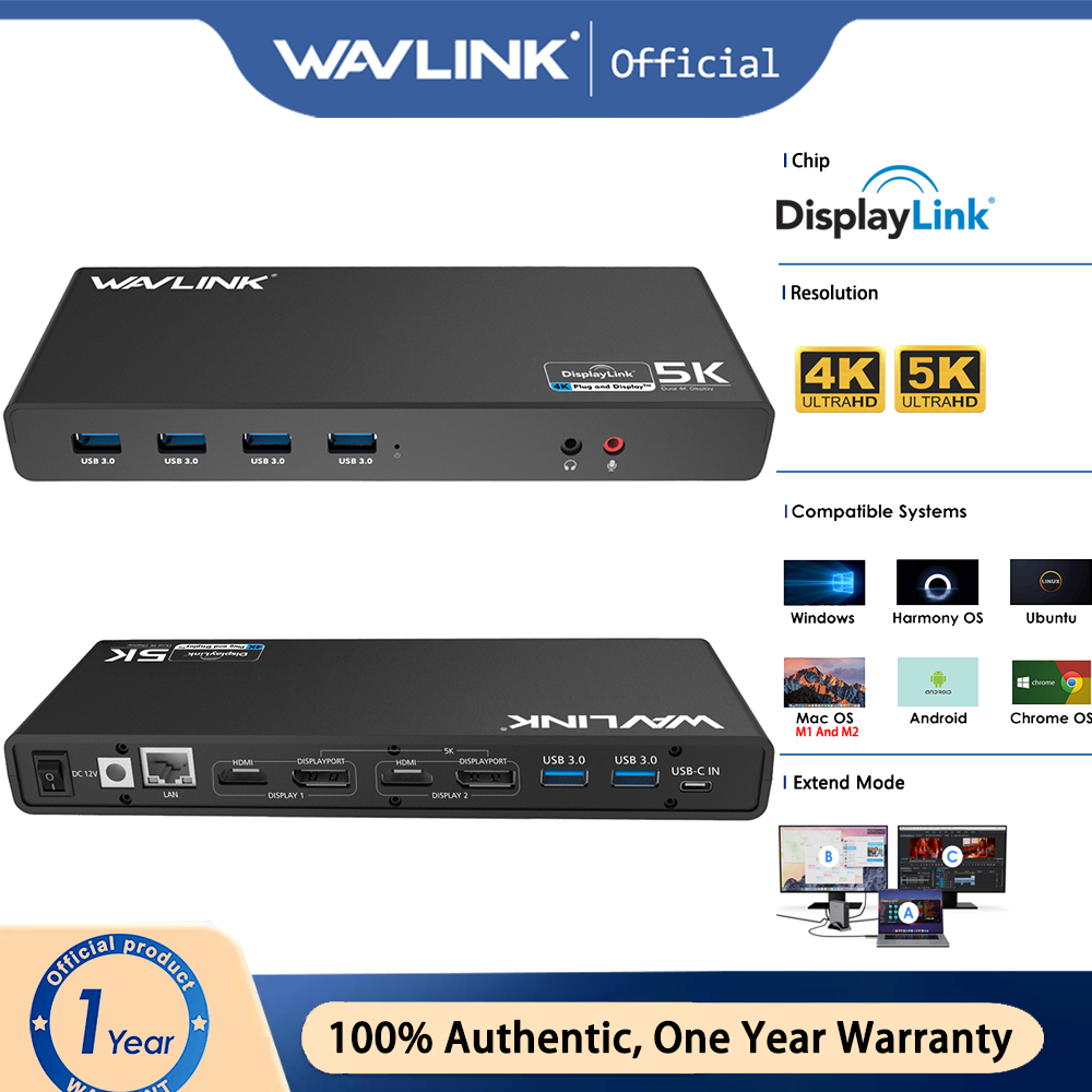 Wavlink Universal Docking Displaylink Hub 5k Dual 4k HDMI Display Port Output Monitors Station ...