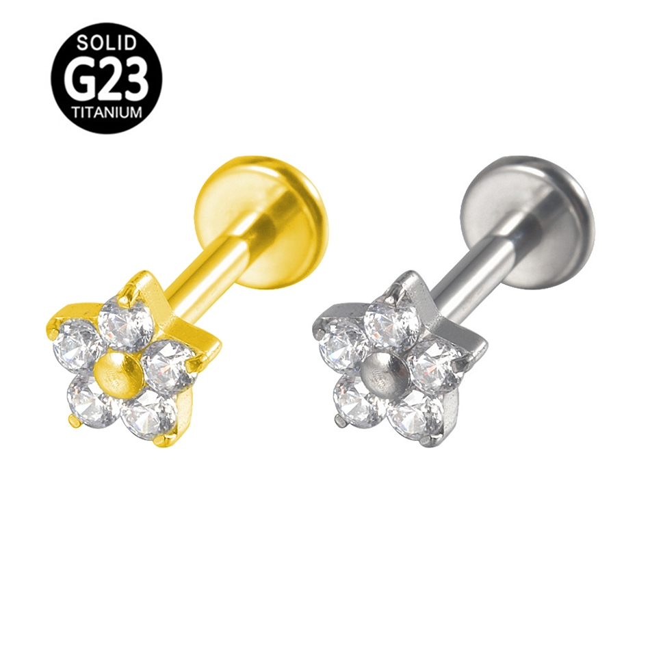 G23 Titanium Internal Thread Labret Studs 16G Tiny Flower CZ Ear Tragus ...