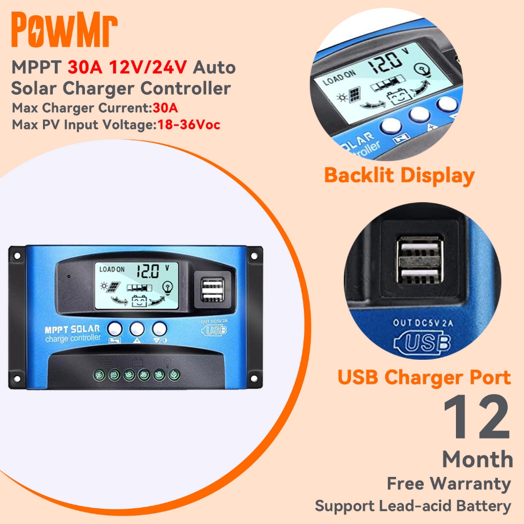 Powmr MPPT Solar Charge Controller 30A Solar Power Regulator 12V 24V Auto Dual USB LCD Display ...