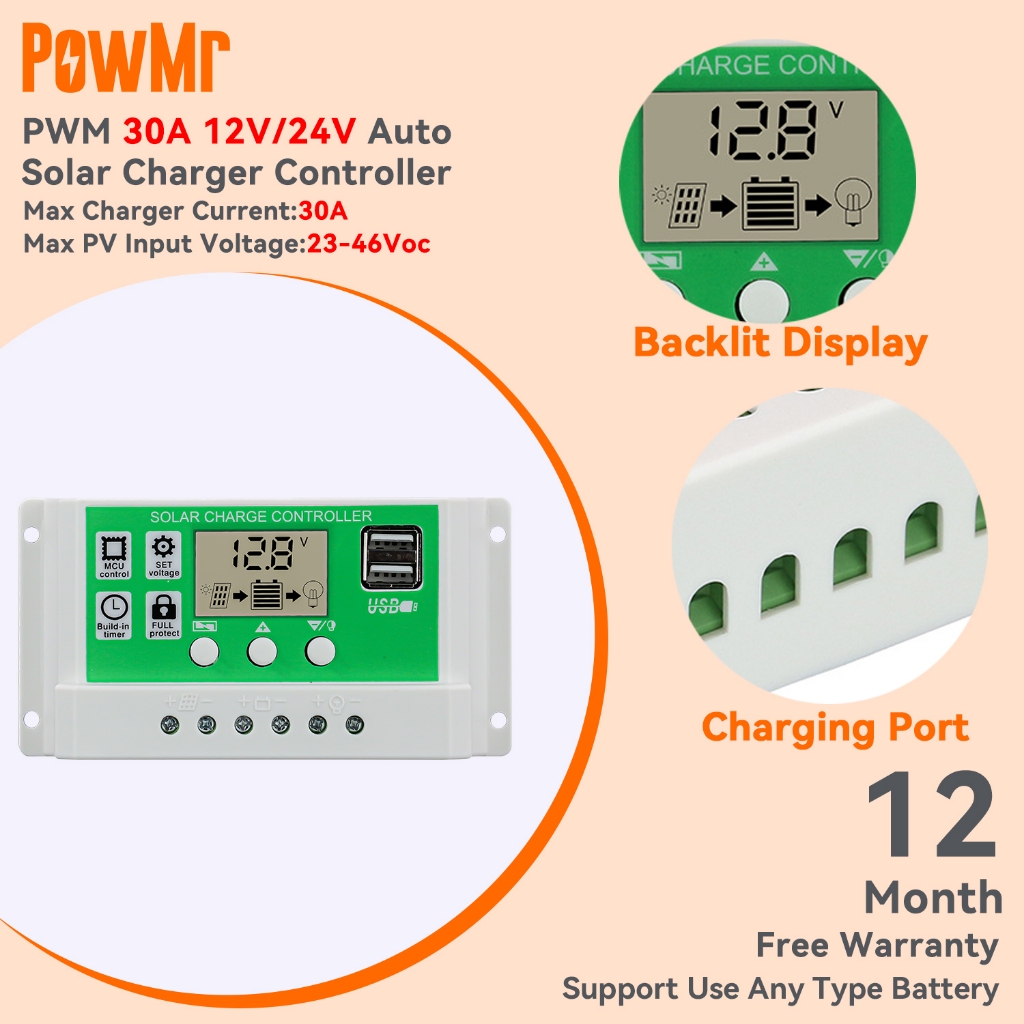 Powmr Solar Charge Controller Panel 30A 12V 24V Auto Lithium Battery With Lcd Dual Usb 5V Screen ...