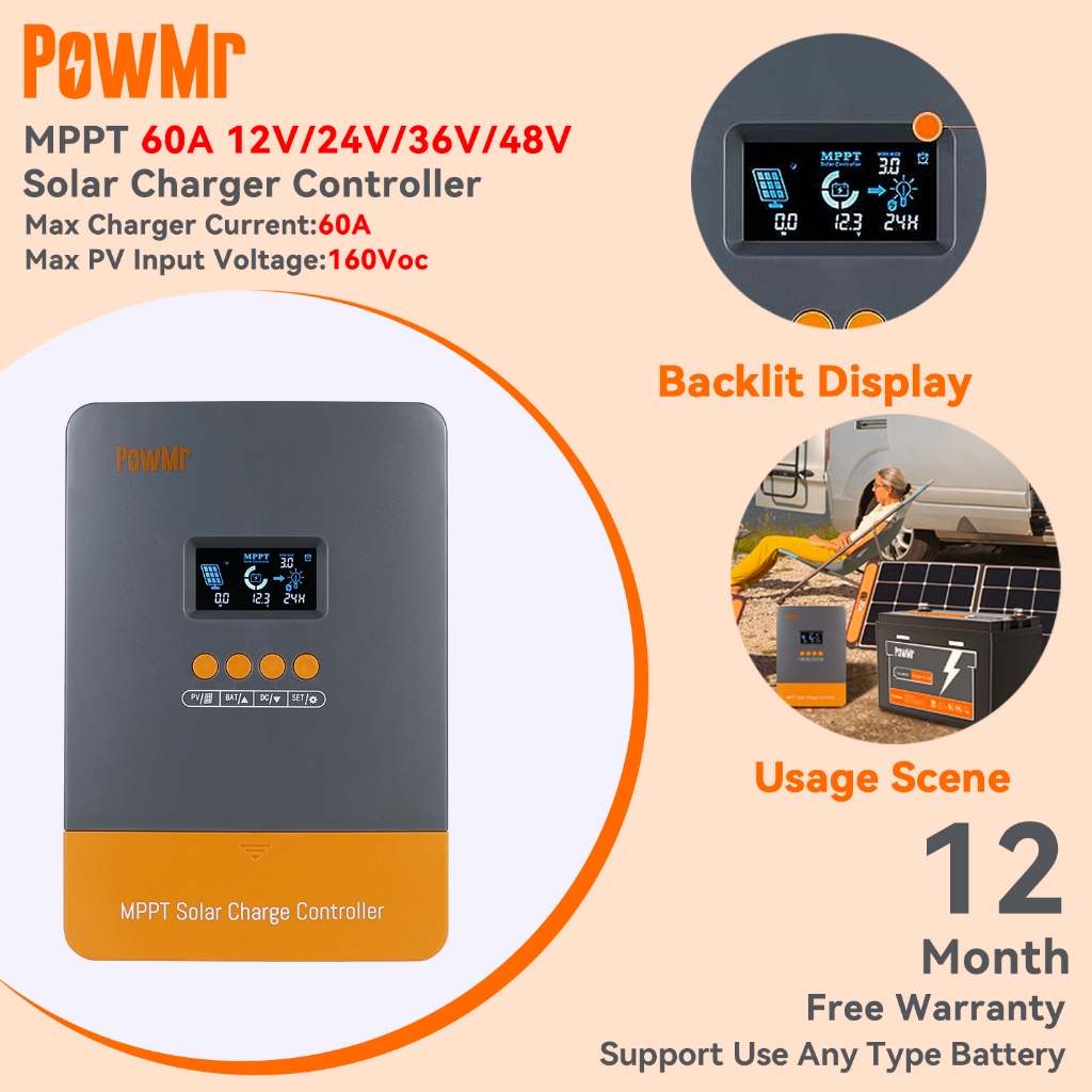 PowMr MPPT 60A Solar Charge Controller 12V 24V 36V 48V Automatic Solar ...