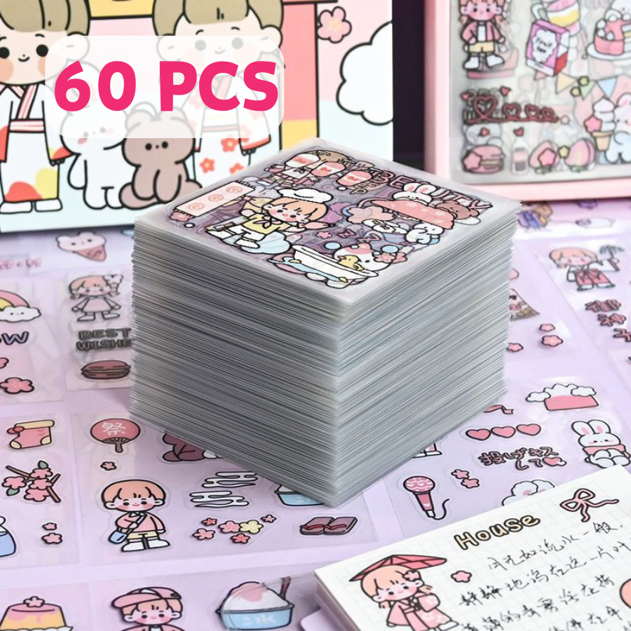 [Ready Stock]60PCS Cartoon Transparent PVC Stickers Cute Phone Stickers ...